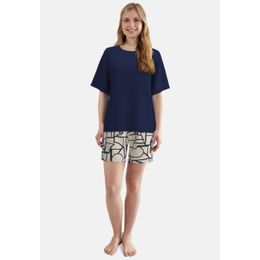 Shorty Tom Tailor, Damen, Gr. 40, blau, dunkel, allover, Single Jersey, Obermaterial: 95% Viskose, 5% Elasthan, bequem kurz, Rundhals, gerader Abschluss, Homewear-Sets Shorty, Halbarm, mit Muster, Rundhalsausschnitt, Viskosemix