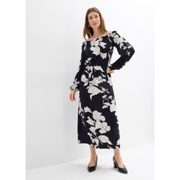 bonprix Carmen-Kleid aus softem Viskose-Mix, schwarz, Gr.40/42 (M), modisch bedrucktes Carmen-Kleis aus softem Viskose-Mix mit Smok am Ausschnitt, aus Viskose