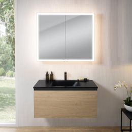 rivea Dia Unterschrank B: 101 cm mit 1 Auszug, Waschtisch mit 1 Hahnloch schwarz matt, mit n60 Spiegelschrank f&uuml;r die Schweiz,,