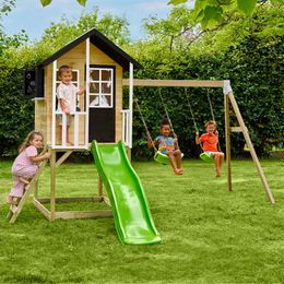 Spielhaus 'Holli 3' naturfarben mit Rutsche und Doppelschaukel 370 x 352 x 224 cm