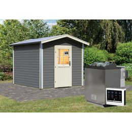Karibu Saunahaus 'Bosse 1' terragrau mit Vorraum und klassischer T&uuml;r 9 kW Bio-Ofen externe Steuerung 231 x 273 x 235 cm