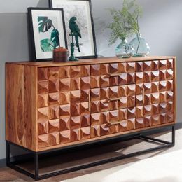 FineBuy Massivholz Sideboard 145cm Sheesham Kommode mit 2 T&uuml;ren & 3 Schubladen Retro 3D Design