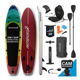 ArtSport Stand Up Paddle Board Retro Love mit Kajak-Set &ndash; Aufblasbares SUP Board Set bis 150 kg - Rot-Bunt