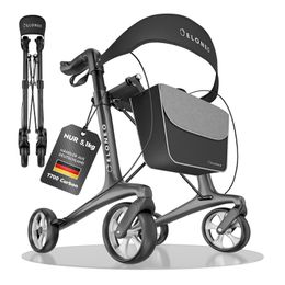 ELONEO Carbon Rollator faltbar und leicht mit Sitz, Leichtgewicht-Reiserollator ultraleicht 5,1 kg, Gehhilfe f&uuml;r Senioren 9-fach h&ouml;henverstellbar, mit Tasche, Anthrazit - Gr&ouml;&szlig;e M