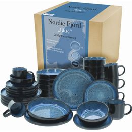 Kombiservice Creatable "Nordic Fjord", blau, 30 Stk., Steinzeug, Geschirr-Sets, Kombiservice, je 6 Speiseteller, Suppenteller, Dessertteller, Schalen, Kaffeebecher