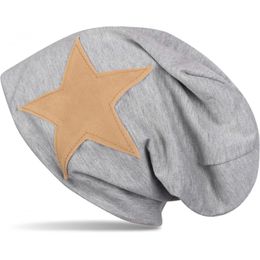 Beanie styleBREAKER "Beanie mit aufgen&auml;htem Kunstleder Stern", Herren, grau (grau meliert), Obermaterial: 50% Viskose CV. 50% Polyester PES., Modisch, M&uuml;tzen Beanie