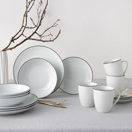 Kombiservice OTTO HOME "Mellinn", schwarz-wei&szlig; (wei&szlig;, schwarz), 16 Stk., Porzellan, Geschirr-Sets, Kombiservice, Geschirr, trendige Coupeform, handgemalte, schwarzes Liniendekor