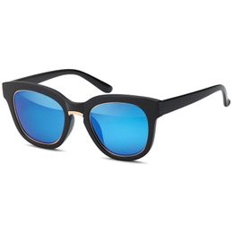 Wayfarer styleBREAKER "Nerd Sonnenbrille mit Kunststoff Metall Rahmen", Damen, blau (gestell schwarz, gold, glas blau verspiegelt), Modisch, Sonnenbrillen