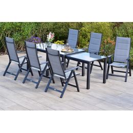 Garten-Essgruppe Merxx "Florenz", grau (grau, grau, grafit), Polyester, Aluminium, Polyester, Sicherheitsglas, Sitzm&ouml;bel-Sets, 6 Klappsessel, 5-fach verstellbar, Ausziehtisch