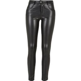 Stoffhose Urban Classics "Urban Classics Damen Ladies Mid Waist Synthetic Leather Pants", Damen, Gr. 28, Normalgr&ouml;&szlig;en, schwarz, 97% Polyester, 3% Elasthan, unifarben, slim fit, Hosen Stoffhose