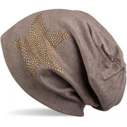 Beanie styleBREAKER "Warme Beanie M&uuml;tze mit Strass Stern", Herren, braun (braun meliert, gelbgold), Obermaterial: 50% Viskose CV. 50% Baumwolle CO., Modisch, M&uuml;tzen Beanie