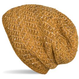 Strickm&uuml;tze styleBREAKER "Strick Beanie M&uuml;tze mit Pailletten", Damen, gelb (curry), 85% Polyacryl PAN. 15% Polyamid PA., Modisch, M&uuml;tzen Strickm&uuml;tze