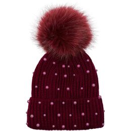 Bommelm&uuml;tze styleBREAKER "Strick Bommelm&uuml;tze mit Perlen und Fleece Futter", Damen, rot (bordeaux, rot), 100% Viskose CV., Modisch, M&uuml;tzen