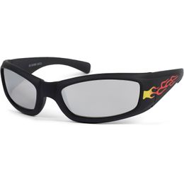 Sonnenbrille styleBREAKER "Kinder Sport Sonnenbrille mit Flammen Print", Jungen, silber (gestell schwarz, glas silber verspiegelt), Sportlich, Sonnenbrillen Sonnenbrille