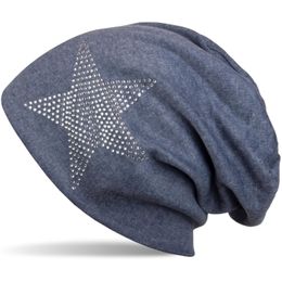 Beanie styleBREAKER "Warme Beanie M&uuml;tze mit Strass Stern", Herren, blau (jeansblau), Obermaterial: 50% Viskose CV. 50% Baumwolle CO., Modisch, M&uuml;tzen Beanie