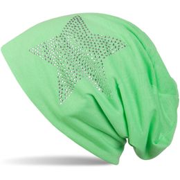 Beanie styleBREAKER "Leichte Beanie mit Strass Stern", Herren, gr&uuml;n (neongr&uuml;n), Obermaterial: 50% Viskose CV. 50% Baumwolle CO., Modisch, M&uuml;tzen Beanie