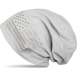 Beanie styleBREAKER "Beanie mit USA Flagge aus Strass", Herren, grau (hellgrau meliert), Obermaterial: 50% Viskose CV. 50% Polyester PES., Modisch, M&uuml;tzen Beanie