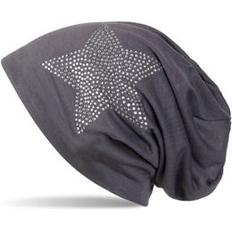 Beanie styleBREAKER "Leichte Beanie mit Strass Stern", Herren, grau (anthrazit), Obermaterial: 50% Viskose CV. 50% Baumwolle CO., Modisch, M&uuml;tzen Beanie