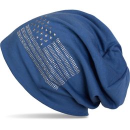 Beanie styleBREAKER "Beanie mit USA Flagge aus Strass", Herren, blau (blau meliert), Obermaterial: 50% Viskose CV. 50% Polyester PES., Modisch, M&uuml;tzen Beanie