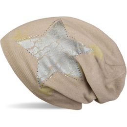 Strickm&uuml;tze styleBREAKER "Feinstrick Beanie mit Sternen und Strass", Damen, beige, 100% Viskose CV., Modisch, M&uuml;tzen Strickm&uuml;tze