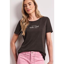 T-Shirt Street One, Damen, Gr. 34, espresso braun, Stoff, 80% Polyester, 20% Viskose, gemustert, normal normal, Rundhals, abgesteppt, Shirts T-Shirt, in Leinen-Optik