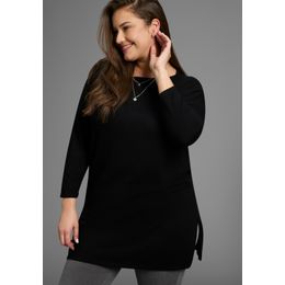 Longpullover LAURA SCOTT CURVE, Damen, Gr. 40/42, schwarz, Feinstrick, Obermaterial: 70% Viskose, 30% Polyamid, unifarben, Basic, figurumspielend h&uuml;ftbedeckend, U-Boot-Ausschnitt, Pullover Longpullover, aus flie&szlig;endem Feinstrick mit seitlichem Schlitz - GROSSE GR&Ouml;SSE