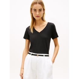 Kurzarmshirt Tommy Hilfiger "CO LINEN V-NECK SHORT SLEEVE TEE", Damen, Gr. L (42/44), schwarz, Single Jersey, Obermaterial: 50% Baumwolle, 50% Leinen, unifarben, regular fit normal, V-Ausschnitt, abgesteppte Kante, Shirts, mit V-Ausschnitt, Regular Fit
