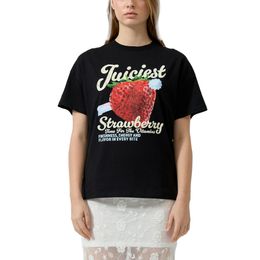 Kurzarmshirt QS, Damen, Gr. L (40), schwarz, Jersey, Obermaterial: 100% Baumwolle, bedruckt, normal h&uuml;ftbedeckend, Rundhals, abgesteppte Kante, Shirts, Sommershirt mit gro&szlig;em Print