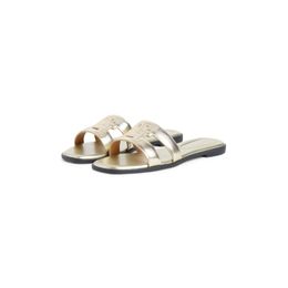 Pantolette Tommy Hilfiger "TH LOGO STRAP MULE GOLD", Damen, Gr. 37, goldfarben, Leder, leicht gl&auml;nzend, unifarben, Schuhe Pantolette, Sommerschuh, Schl&uuml;pfschuh, Flat mit Logo als Bandage