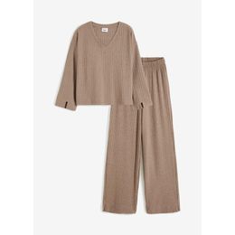 bonprix Loungewear Hausanzug mit weitem Bein aus weicher Rippe, braun, Gr.36/38 (S), Kuscheliger Homewear Loungeanzug mit Bindeband, aus Rippware