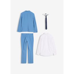 bonprix Anzug (4-tlg. Set) mit Hemd und Krawatte, blau, Gr.152, Festliches vierteiliges Jungen-Set bestehend aus Anzug, Hemd (Slim Fit) und Krawatte, Hemd: 100% Baumwolle