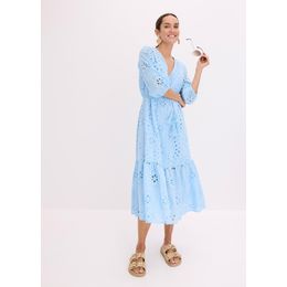 bonprix Midikleid aus reiner Baumwolle mit Lochstickerei, blau, Gr.38, mit V-Ausschnitt und Lochstickerei, aus 100% Baumwolle