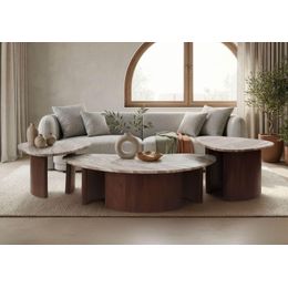 Couchtisch 3er Set Akazie 130x65x41 braun lackiert / Marmor beige ORGANIC COLLECTION #37