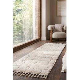 Teppich FLAIR RUGS "ESRA COBBLED", creme, B:80cm H:20mm L:300cm, Wolle, Teppiche, Teppich, Woll Border Teppich, mit Muschelsaumkante