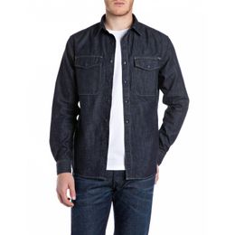 Langarmhemd Replay, Herren, Gr. L, N-Gr, blau (dunkelblau), Twill, Obermaterial: 100% Baumwolle, regular fit, mit Knopf,&Auml;rmel mit &Auml;rmelschlitz angesetztes B&uuml;ndchen, Hemden