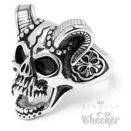 Devil Skull Ring aus Edelstahl Totenkopf mit H&ouml;rnern & Lilienkreuz Teufel Bikerring