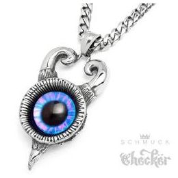 Evil Eye mit H&ouml;rnern b&ouml;ses Auge Lila Iris Schutzamulett Edelstahl Anh&auml;nger Kette
