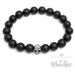 M&auml;nner Armband Perlen schwarz matt Edelstahl Sch&auml;del Totenkopf Biker Onyx Achat