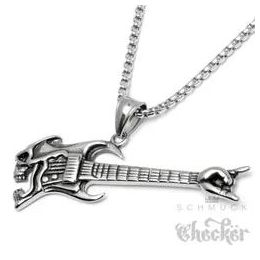 Rock Gitarre mit Totenkopf als Edelstahl Anh&auml;nger mit Halskette Skull Rockerschmuck