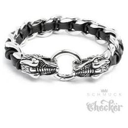 Edelstahl Armband Drache Panzerkette silber echt Leder schwarz Biker