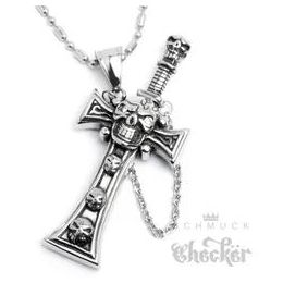 Edelstahl Herren Anh&auml;nger Kreuz Totenkopf Schwert Zirkon + Kette Biker Gothic