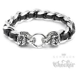 Edelstahl Armband Tiger Panzerkette silber echt Leder schwarz Biker Rebels