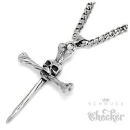 Knochenkreuz mit Totenkopf aus Edelstahl Bone Skull Cross Bikerschmuck Halskette