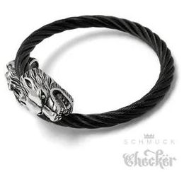 Armreif mit Wolfsk&ouml;pfen flexibles Stahlseil Armband silber schwarz Wolf Geschenk