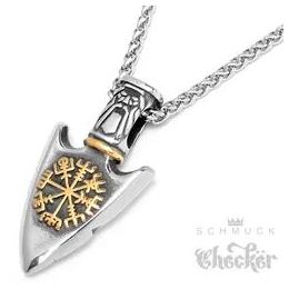 Odins Speer mit Valknut & Vegvisir Silber & Gold aus Edelstahl Speerspitze mit Kette