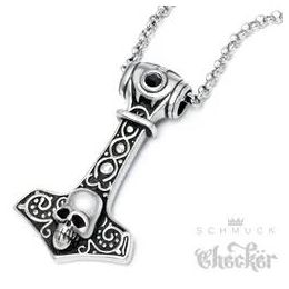 Edelstahl Anh&auml;nger Hammer Mj&ouml;lnir Gott Thor Totenkopf silber massiv + 60cm Kette