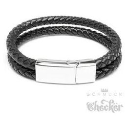 Doppeltes Lederarmband schwarz geflochten Herren-Armband silber Edelstahl Schlie&szlig;e
