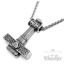 Mj&ouml;lnir mit Valknut und weiteren nordischen Verzierungen Wikinger Anh&auml;nger mit Kette