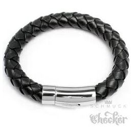 Schwarzes XL Herren-Armband aus Leder 10mm &Oslash; dick gro&szlig; silber Edelstahl Verschluss