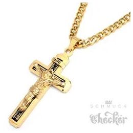 Goldener Herren Kreuz-Anh&auml;nger aus Edelstahl Jesus Kreuz mit Panzerkette Geschenk